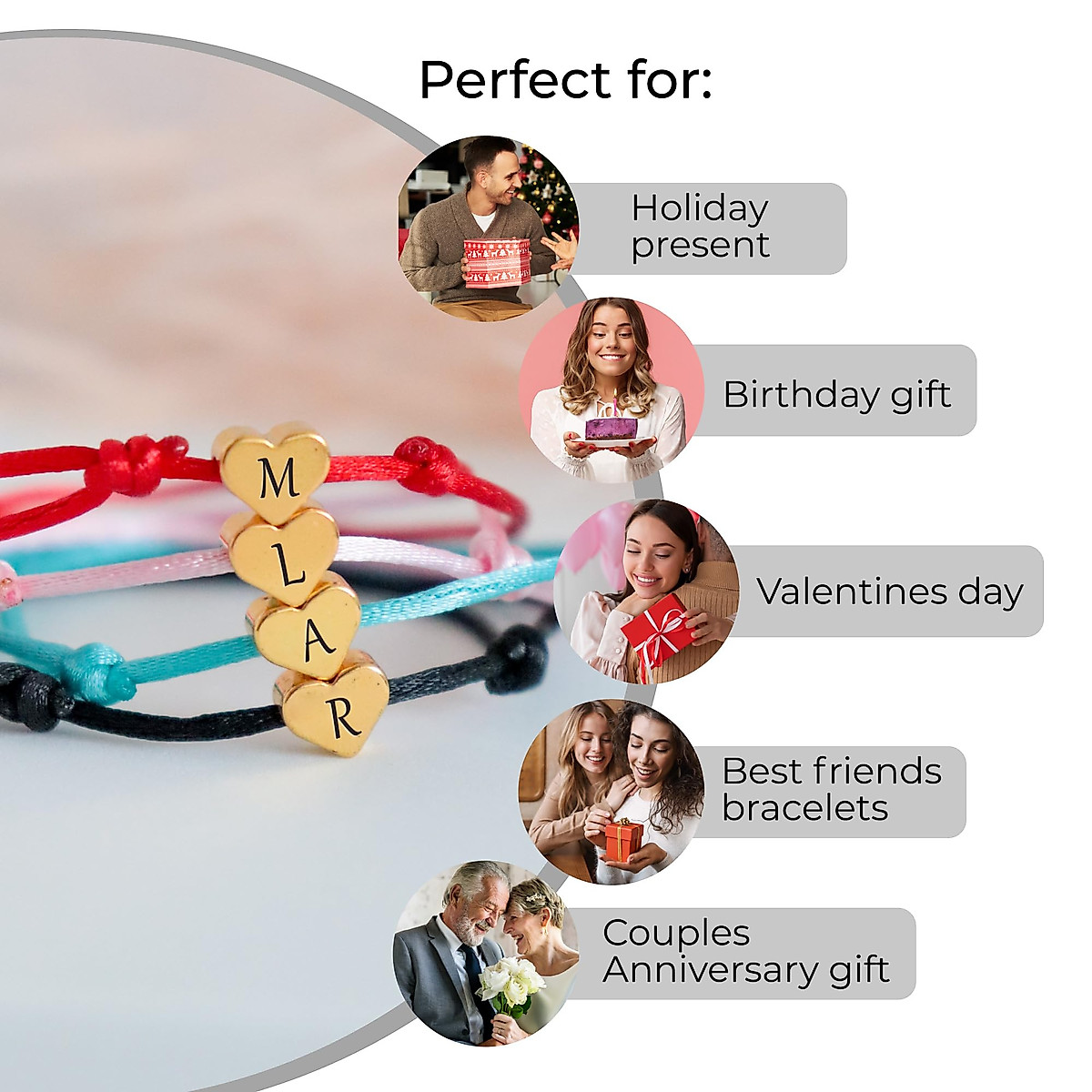 MIA·MIA Custom heart initial thread string bracelet, cotton cord tiny charm adjustable band for his and her, soul sisters, pinky promise, distance matching gifts for couples & best friends