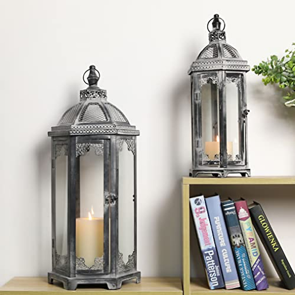 Set of 2 Outdoor Lantern 24.5"&18" High Decorative Candle Lanterns Metal Candle Holder with Tempered Glass Fall Decorations for Home Garden Patio Living Room Indoor Home Yard Hallway Doorway(Grey)