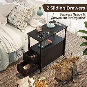 Rolanstar End Table with Charging Station, Narrow Side Table with 2 Wooden Drawers, USB Ports and Power Outlets, Nightstand Sofa Table for Small Spaces, Living Room, Bedroom, Black