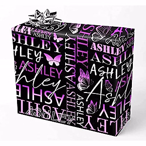 Custom Name Birthday Wrapping Paper Dark Purple Butterfly Pattern Dark Purple Text Personalized Wrap Paper for Boy Girl Men Women Baby Shower Birthday Greeting Gift Wrap Paper Folded Flat on Birthday