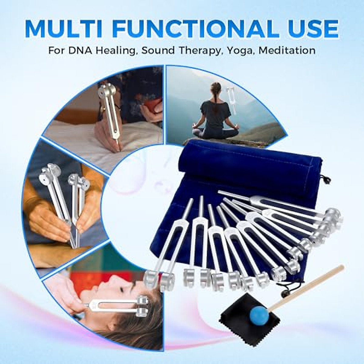 Chakra Tuning Fork Set for Healing, 7 Chakra and 1 Soul Purpose Weighted Tuning Forks for DNA Healing, Sound Therapy, Yoga, Meditation (126.22 Hz, 136.1 Hz, 141.27 Hz, 172.06 Hz etc)