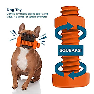 BLACK+DECKER Squeaker Dog Chew Toy Durable Teeth-Cleaning,Tough Almost Indestructible for Small, Medium & Large Dogs, Interactive & Tough Non-Toxic Natural Rubber Chew Toys, 6.5" Rubber Bolt, Orange