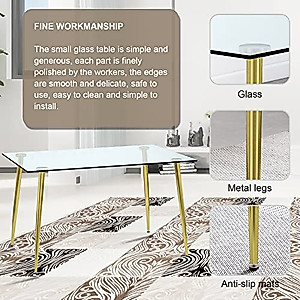 Glass Dining Table，51" Modern Rectangular Table with Spacious Tempered Glass Tabletop & Gold Plated Table Legs，Simplistic Kitchen Table, Versatile Table for Home Office