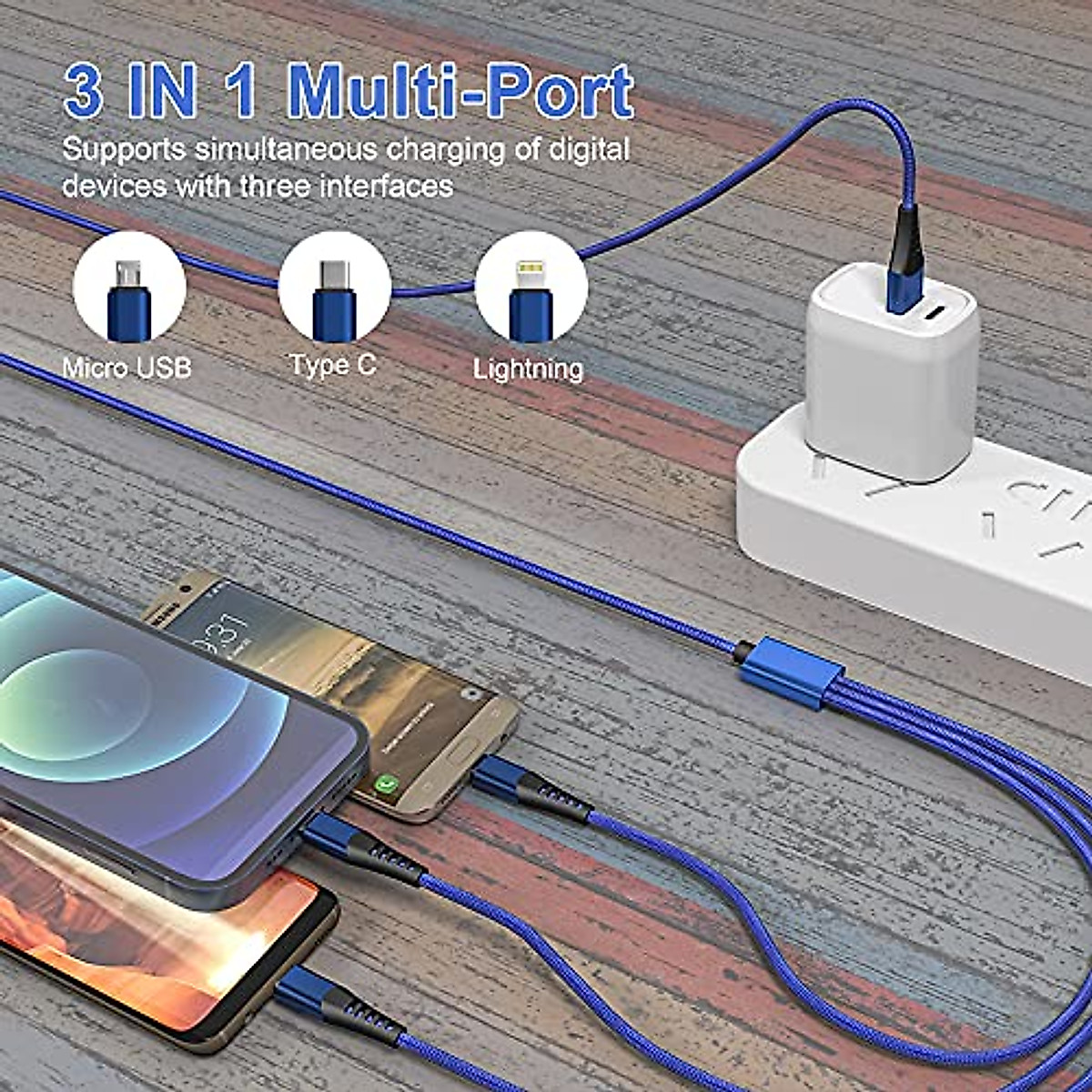 Bawanfa Multi 3 in 1 USB Long Charger Cable, 3M/10Ft 6A PD Fast Braided Charging Cord, Universal Multiple Ports Long Charging Cable with USB C/Micro USB/Lightning Connector