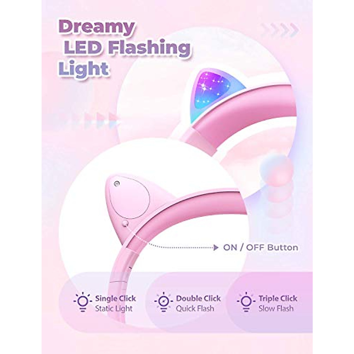 iClever Kids Headphones with Cat Ear Led Light Up, Safe Volume Limite Kids Wired Headphones with Microphone, FunShare Foldable Over-Ear Headphones for Kids/School/iPad/Tablet/Travel, Meow Donut-Pink