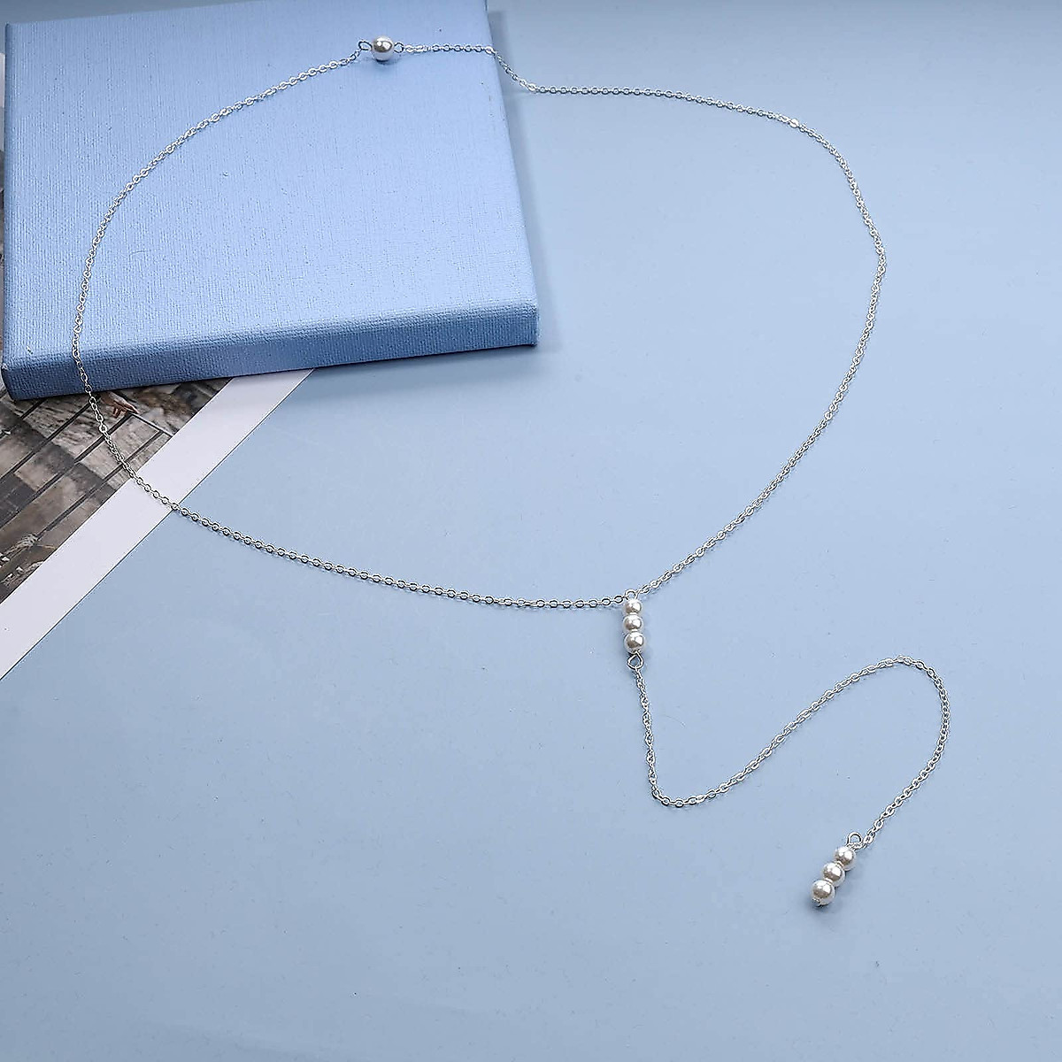 Yheakne Boho Pearl Back Chain Necklace Silver Backdrop Necklace Body Chain Summer Bridal Back Drop Chain Beach Body Jewelry for Women and Girls Gifts (Silver)