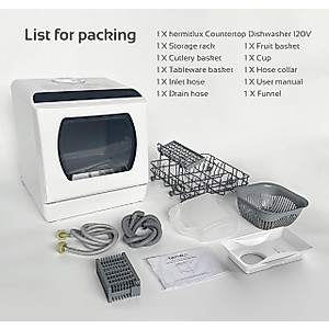 Hermitlux Countertop Dishwasher, 5 Washing Programs Portable Dishwasher With 5-Liter Built-in Water Tank For Glass Door