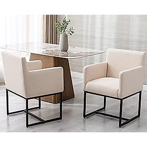 HNY Mid Century Modern Upholstered Dining Chairs with Arms Set of 4, Linen Accent with Black Finish Metal Frame, 19'' Wide for Living Room Kitchen Bedroom, Cream, Cream-linen-black Frame