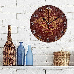 Wall Clock Asian Japanese Dragon Animal, Quiet Silent Non Ticking Round Clock for Kitchen Bedroom Living Room Office Classroom Home Decor