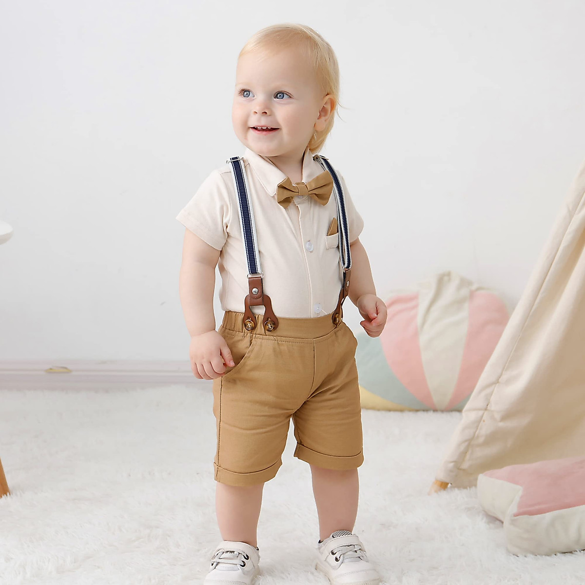 YUEMION Infant Baby Boy Clothes Gentleman Outfits Suits Summer Short Sleeve Bowtie Bodysuit Shirts + Suspender Shorts (Beige,12-18M)