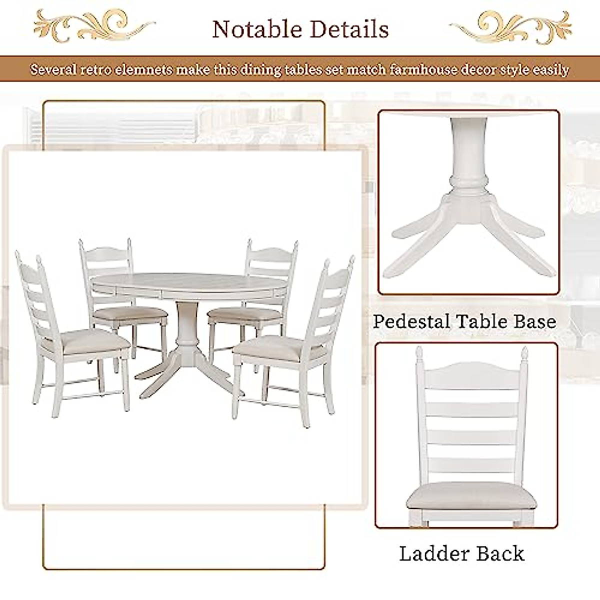 WOZNLA 5-Piece Vintage Round Wood Extendable Dining Table Set with Four Cushioned Chairs - Charming Antique White Dining Ensemble for 4