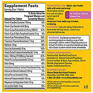 Nature Made Prenatal Multivitamin with Folic Acid, Prenatal Vitamin and Mineral Supplement for Daily Nutritional Support, 250 Tablets, 250 Day Supply