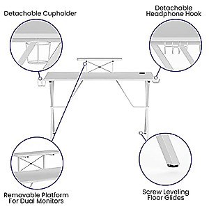 EMMA + OLIVER White Gaming Desk-Cup Holder, Headphone Hook, Monitor/Smartphone Stand