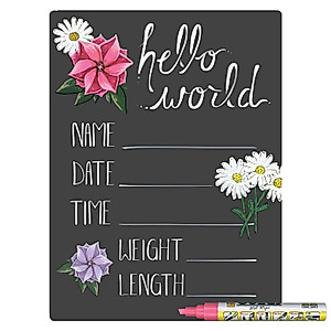 Cohas Hello World Newborn Baby Announcement Chalkboard Sign with Mixed Flower Theme, 9 by 12 Inches, Pink Marker