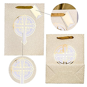 LeZakaa 13" Cross Gift Bag, Gold Christian Gift Bag with Tissue Paper, Gift Tag and Card for Christenings, Religious First Holy Communion, Confirmation, Weddings, Clergy Day