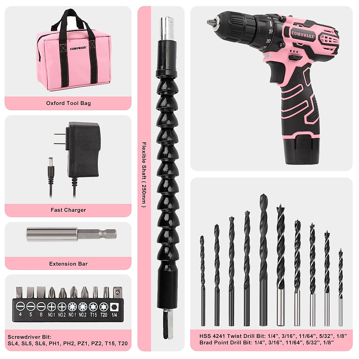 COMOWARE Pink Cordless Drill Set, 12V Power Drill Set Electric Screwdriver Driver Tool Kit for Women, 3/8" Keyless Chuck 1 Battery & Charger with Storage bag