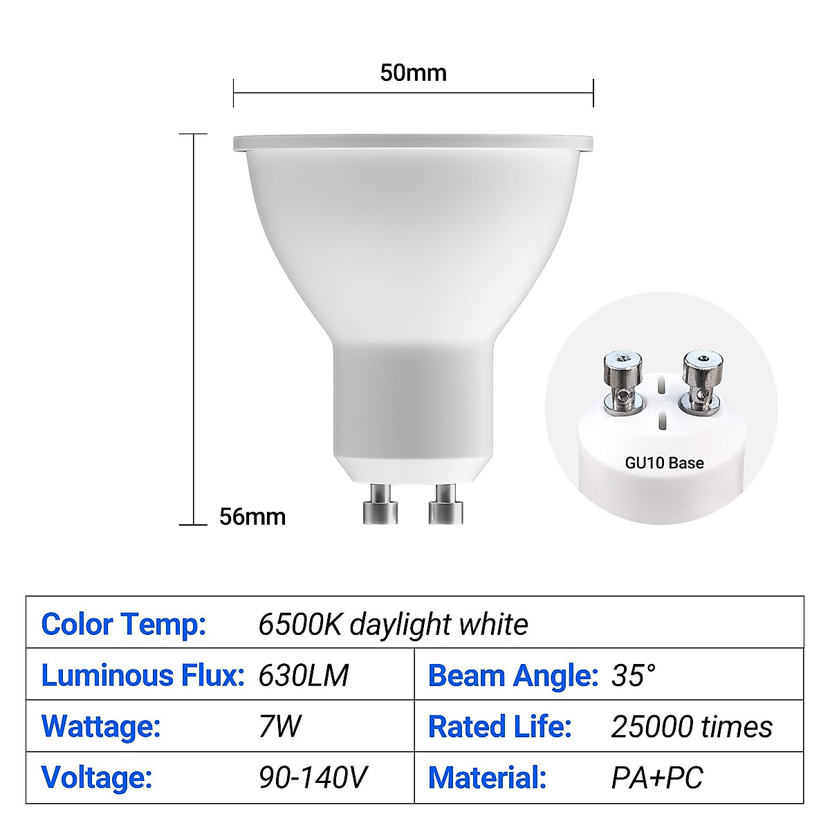 LISTOCASA GU10 LED Bulbs Dimmable, Light Bulb 6500K Daylight White, 630LM LED Spotlight Bulb 7W(50W Halogen Equivalent) Track Lighting Bulb for Kitchen, Range Hood, Bedroom, 6500K, 6-Pack