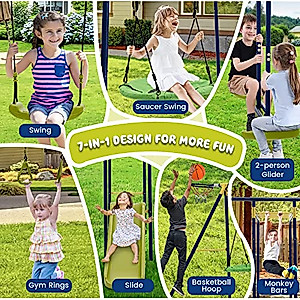 Costzon 660 lbs Swing Sets for Backyard, 7-in-1 Heavy Duty Extra Large Metal Swing Frame w/2 Swings, Glider, Gym Rings, Slide, Monkey Bar, Basketball Hoop, Play Equipment for Indoor Outdoor Gift Kids