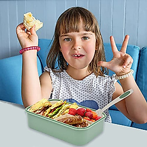Bento Lunch Box for Kids, All-in-One Bento Lunch Box Container for Childrens, Built-in Plastic Utensil Set, and Insulation Lunch Bag, BPA-Free (Green)