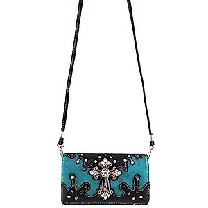 Justin West Cross Studs Concealed Carry Shoulder Handbag Tote Purse Crossbody Wallet (Blue Handbag and Wallet)