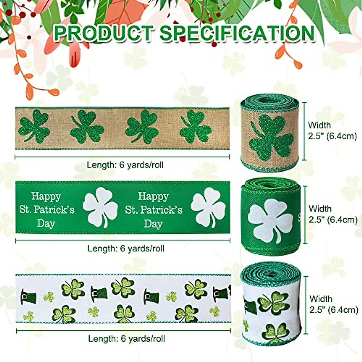 TONIFUL 3 roll Green and White Wired Burlap Ribbon, 2.5 inch x 6yd, Green Shamrock Leaves Good Luck Clover Wired Ribbons for St Patrick's Day Decor，Spring Summer Wreath Bows Crafts Gift Wrapping