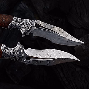 SPIRIT DEED Japanese VG 10 Damascus Steel Folding Knife, Outdoor Wilderness Survival Pocket Knife, Snake Wood Handle Lined Lock, Leather Sheath, EDC Pocket Knife