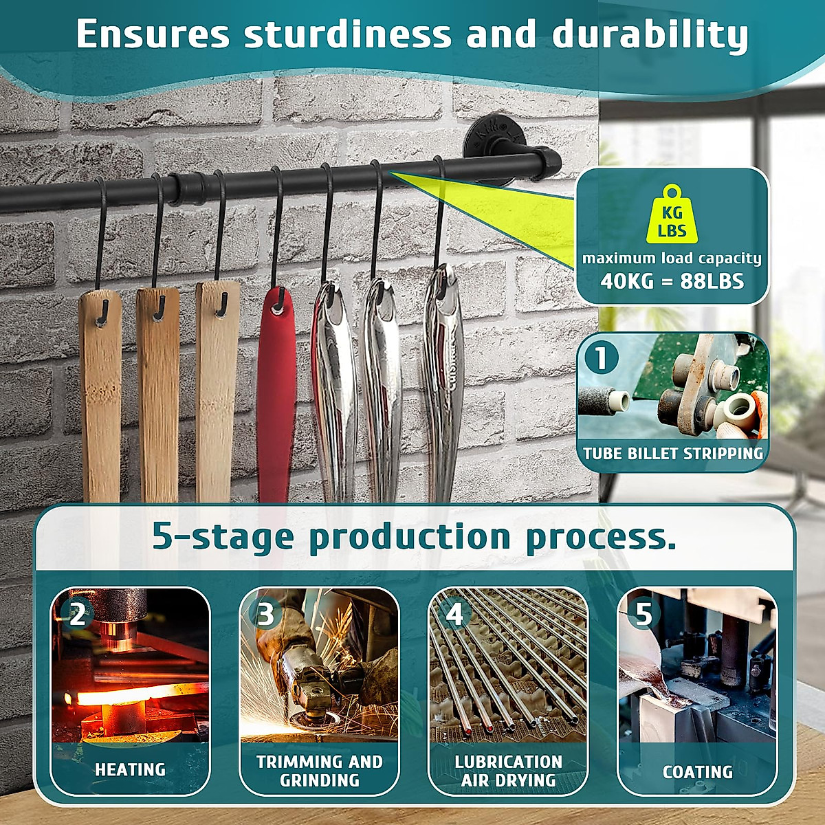 SUJOER 39.4 inch Pot Rack Wall Mounted with 15 Hooks, Hanging Pot Pan Organizer Rack,Utensil Industrial Pipe Hanger,heavy duty Cast Iron Skillet Storage Rail,Cabinet Black Pots and Pans Storage