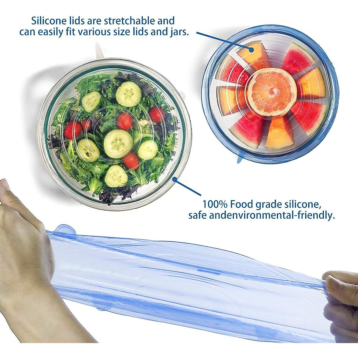 YAZJIWAN Silicone Stretch Lids, Durable & Eco-Friendly Elastic Lids Reusable Heat Resistant Various Sizes Cover for Bowl (Blue+white-12pack)