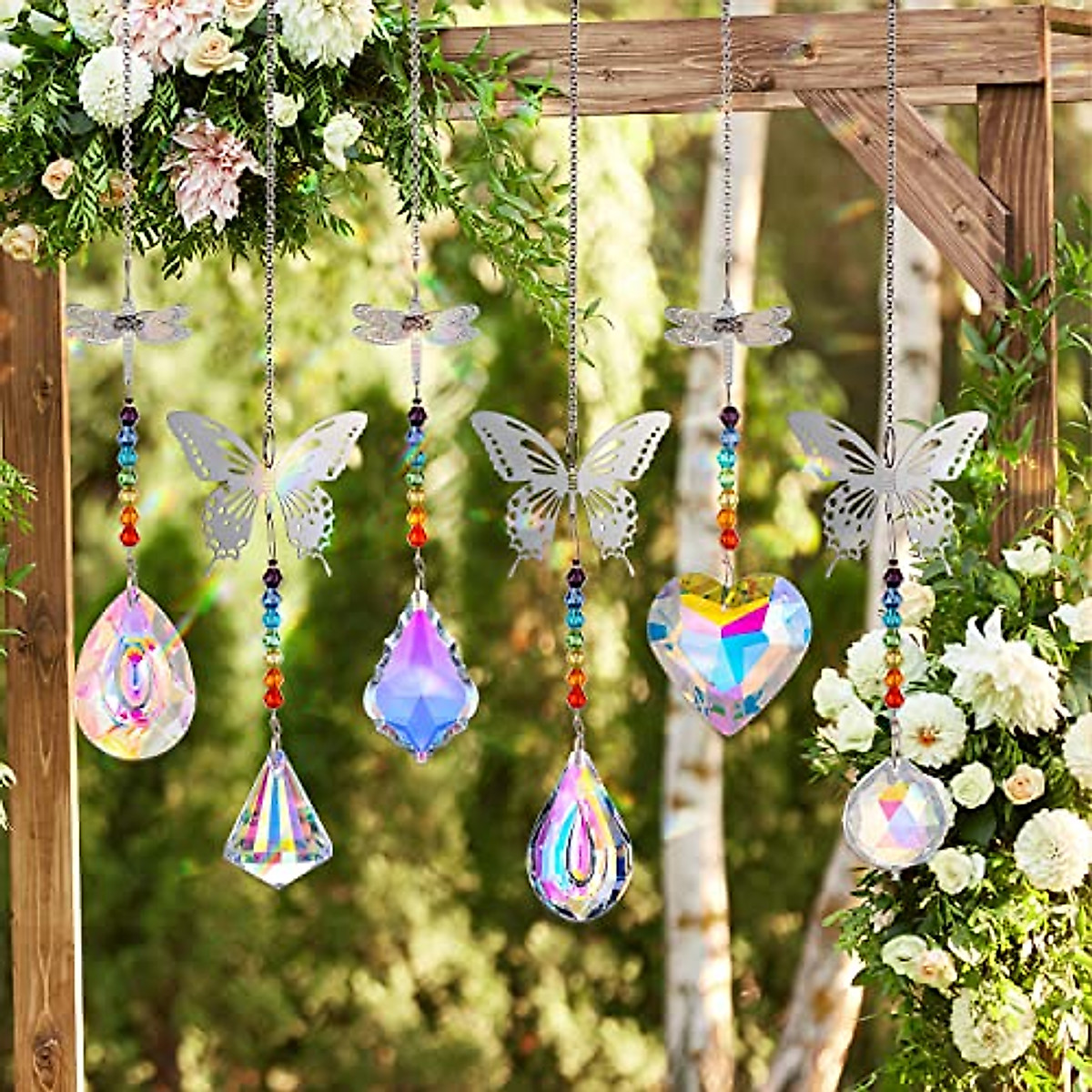 GLORIEROO Crystal Sun Catcher with Butterfly Dragonfly Hanging Ornament, for Window Room Decor Chandeliers Home Garden Christmas Tree Party Wedding Gifts (Pack of 6 Sun Catcher)