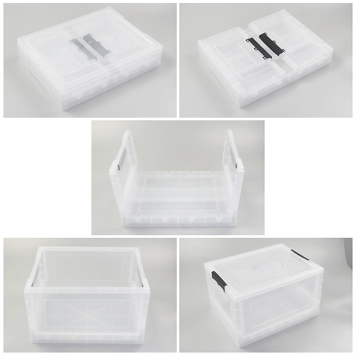 Rinboat 32 Quart Plastic Collapsible Storage Crates Boxes with Lids, Clear Plastic Storage Bins, 4 Packs