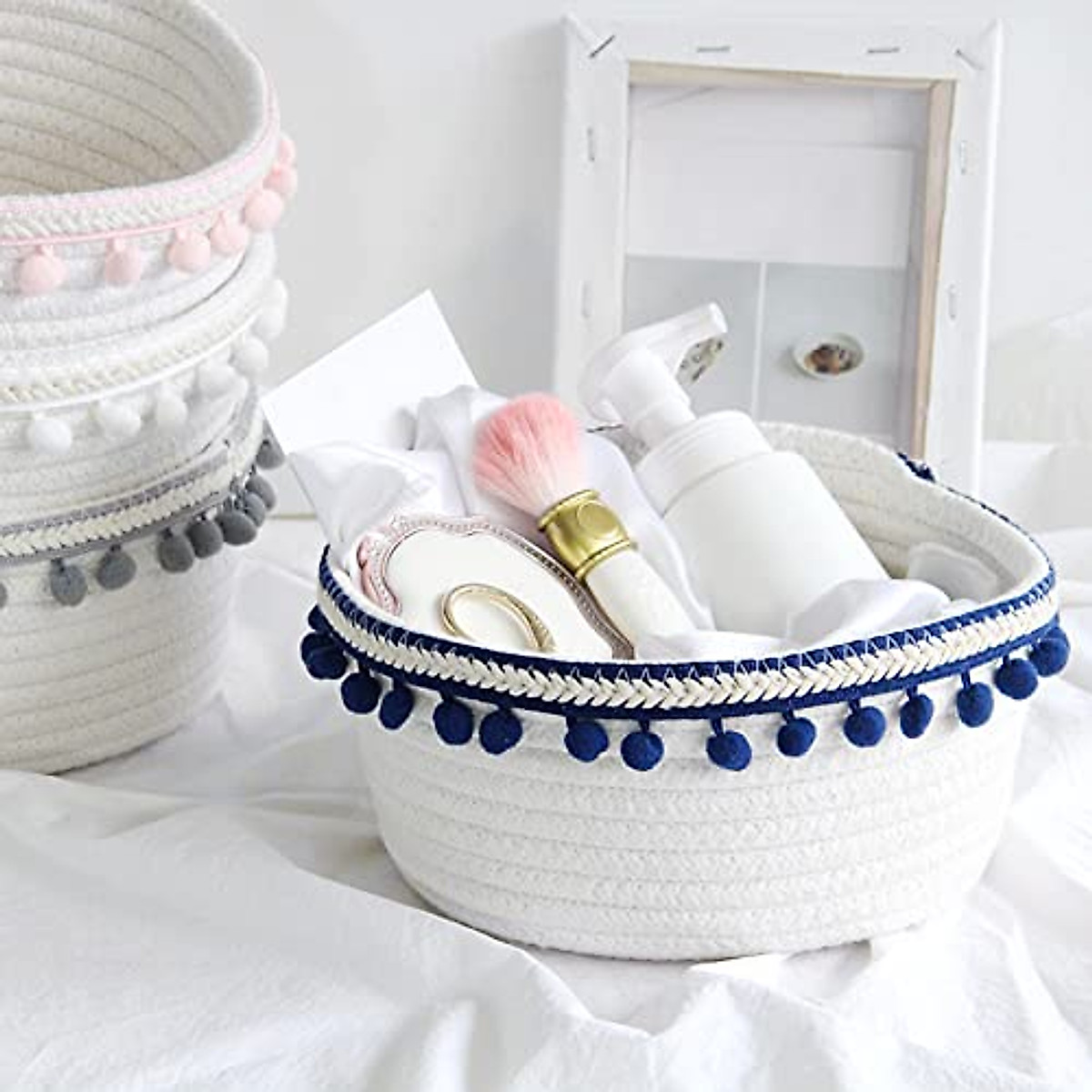 PHEZEN Cotton Rope Basket Bins, Small Woven Storage Baskets for Toy Storage Snacks Clothes Cosmetic Fruits Books Sundries Soft Storage Bins, Boho Woven Storage Baskets Decor Pink (20.5cm x 9.5cm)