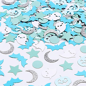 200PCS Boys Party Confetti Star Confetti for Table Blue Teal White Table Scatter Confetti with Ghost Moon Bat Pumpkin Star Circle Dots for Kids’ Halloween Theme Birthday Party Baby Shower