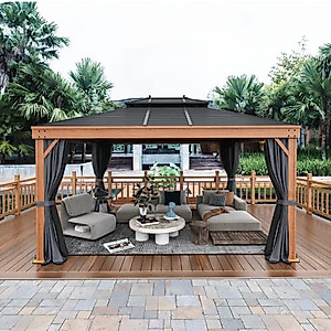 YOLENY 12' x 14' Hardtop Gazebo Faux Wood Grain Metal Gazebo with Aluminum Frame, Galvanized Steel Double Roof, Outdoor Patio Gazebo Pergolas with Netting and Curtains for Backyard, Patio, Lawns