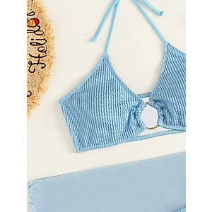 MakeMeChic Women's 3 Piece Bathing Suits Halter Ring Bikini Set with Cover Up Skirt Light Blue S