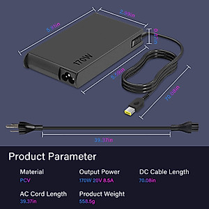 170W AC Laptop Charger for Lenovo ThinkPad P73 P50 P51 P52 W540 W541 P15v P16v T15p, for Lenovo Legion Y7000 Y540 Y545 Y720 Y730 ADL170SCC3A SA10R16886 20V 8.5A Power Supply Adapter