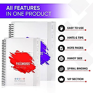 RE-FOCUS THE CREATIVE OFFICE, Password Book Keeper, Small, Mini, Purple, Alphabetical Tabs, Spiral Bound, Removable Sheets, Journal Organizer, Includes Website, Address, Username, Password