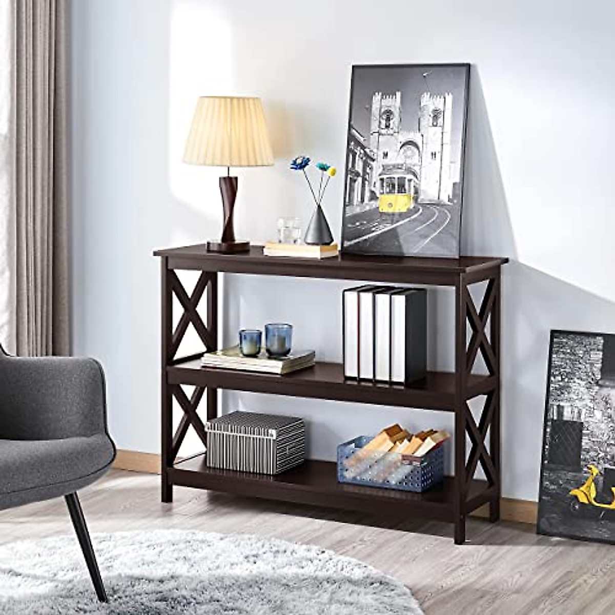 Yaheetech 3 Tier Console Table with 3 Storage Shelves, Entryway Table Sofa Side Narrow Long Table Bookshelf for Hallway Living Room, Accent Furniture, Espresso