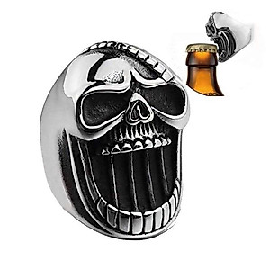 Halloween Skull Rings, Vintage Stainless Steel Punk Skull Biker Gothic Ring Beer Bottle Opener Band for Men (10)