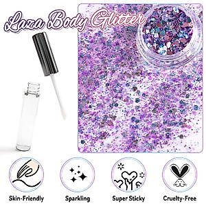Laza Body Glitter, 2 Jars Iridescent Chunky Sequins with Glitter Glue Perfect for Women Eyeshadow Makeup Face Paint Festival Rave Outfits Hair Accessories Carnival Party Costumes - Colorful Purple