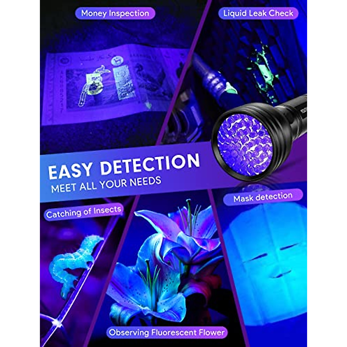 YOUTHINK Black Light, 51 LED UV Flashlights for Home &Hotel Inspection, Portable Black Light for Pet Urine Detection,Dry Stains,Bed Bug, Matching with Pet Odor Eliminator