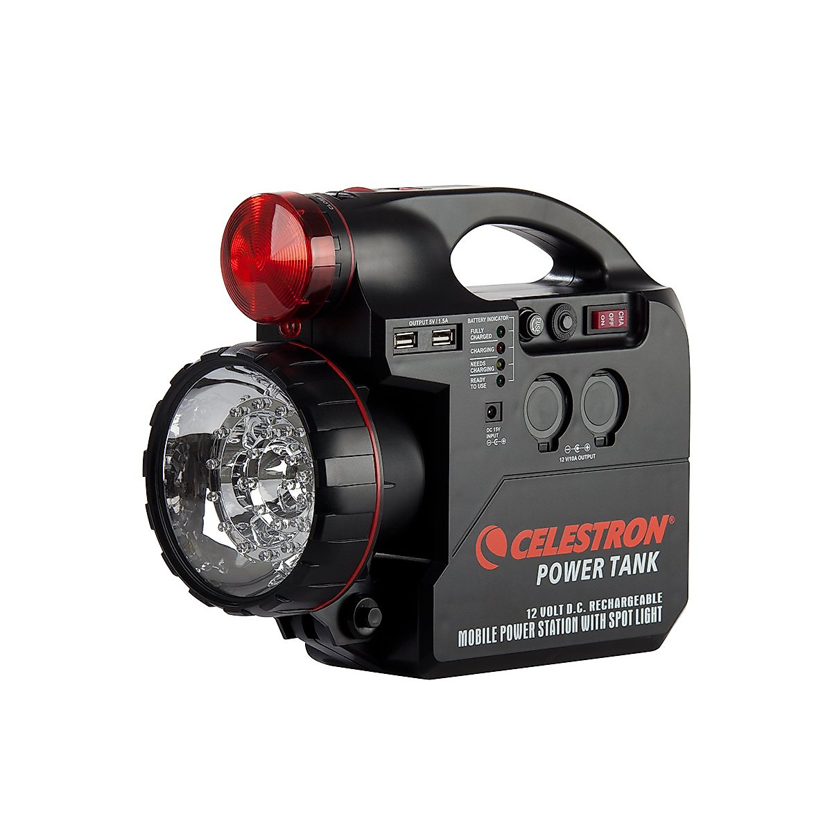 Celestron - PowerTank Telescope Battery - 12V Portable Power Supply - Emergency Kit - Red/White LED Flashlight - USB Ports & NexYZ 3-Axis Universal Smartphone Adapter