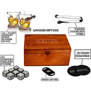 Bezrat Whiskey Cigar Glasses Gift Set - with Side Mounted Cigar Rest - Whisky Chilling Stones and accessories in Wooden Box - Scotch Bourbon Christmas Gift for Dad, Husband, Fathers Day, Birthday
