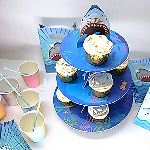 Cardboard Ocean Shark Cake Stands 3 Tire Cupcake Stands Mini Cake Stand Reusable Kid Birthday Baby Shower Party Supplies Dessert Stand…