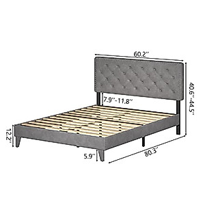 Queen Bed Frame with Headboard, Velvet Upholstered Platform Bed Frame with Adjustable Headboard, Button Tufted Headboard and Modern Riveted Decoration, Wood Slat Support, No Box Spring Needed, Easy Assembly