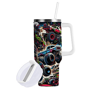 ALAZA Monster Trucks Cartoon Graffiti 40 oz Tumbler Stainless Steel Water Bottle Vacuum Insulated Cup with Straw Lid & Handle For Travel Car Cup Holder