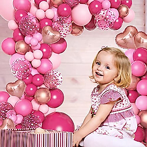 Amandir 162Pcs Pink Balloon Garland Arch Kit Hot Pink Rose Gold Confetti Metallic Heart Balloons for Minie Barbi Princess Party Decorations Girl Birthday Bridal Shower Wedding Supplies