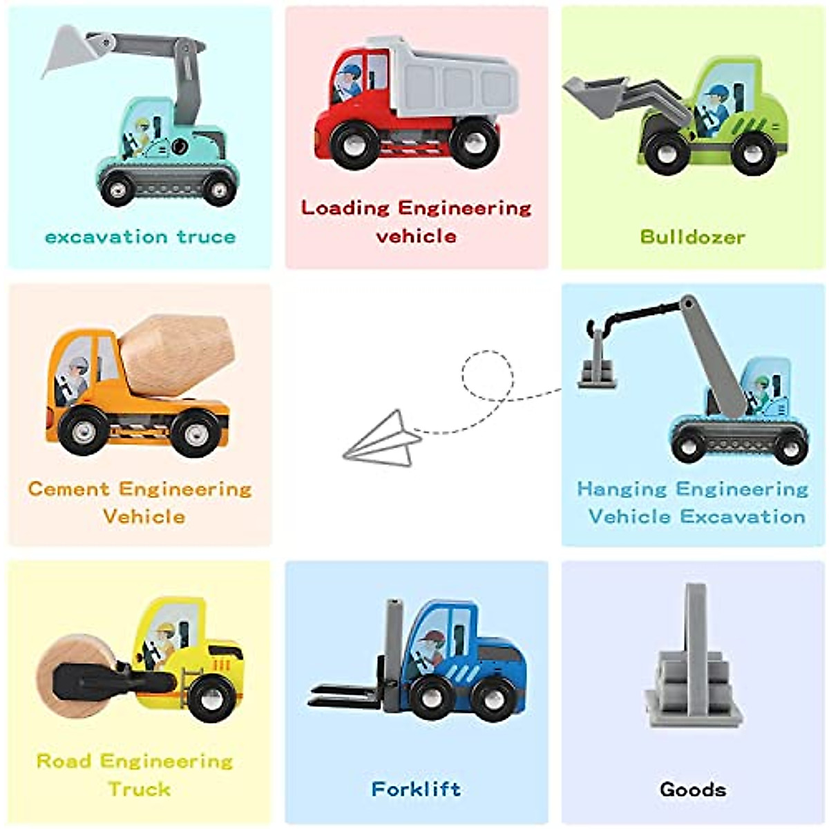 umu Construction Toy Cars 7 PCS Wooden Kids Mini Vehicles for Toddlers, Compatible to Thomas Train Toys Railway and Major Brands, Best for 3 to 5 Year Old Boys and Girls