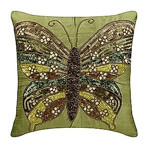 The HomeCentric Pillow Cover 18x18 inch (45x45 cm) Green, Handmade Olive Green Pillow Cases, Butterfly Theme Sequins and Beaded Pillows Cover, Square Silk Pillow Cover, Floral, Modern - Butterfly Envy