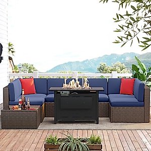 Aoxun 8-Piece Patio Furniture Set with 40” Metal Fire Pit Table Wicker Rattan Conversation Set Outdoor Sectional Sofa Removable Cushions and Tempered Glass Coffee Table Suitable for Small Size (Blue)