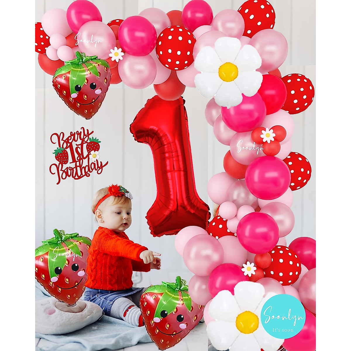 Soonlyn Berry First Birthday Decor 12Ft Strawberry Balloon Arch Kit with Strawberry Balloons Garland Foil First Daisy Dalloons for First Birthday Sweet Baby Shower